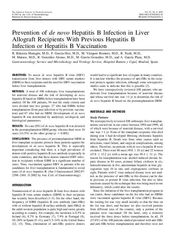 (PDF) Prevention of de novo hepatitis B infection in liver allograft recipients with previous ...