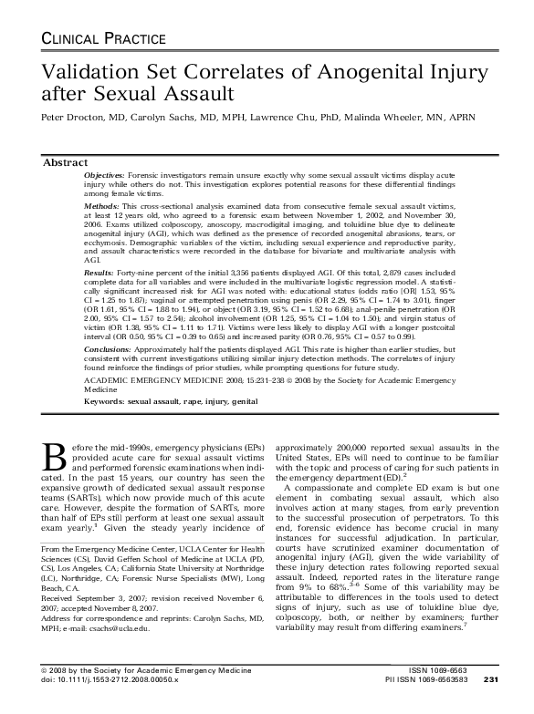 (PDF) Validation Set Correlates of Anogenital Injury after Sexual Assault