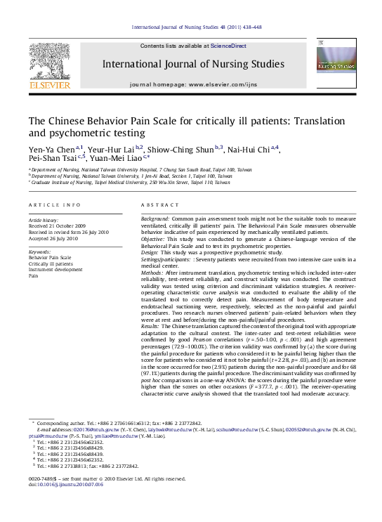 (PDF) The Chinese Behavior Pain Scale for critically ill patients ...