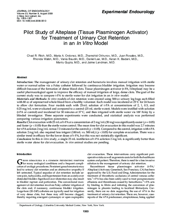 (PDF) Pilot Study of Alteplase (Tissue Plasminogen Activator) for ...