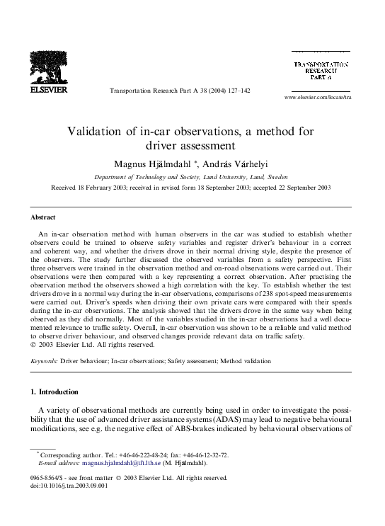 (PDF) Validation of in-car observations, a method for driver assessment