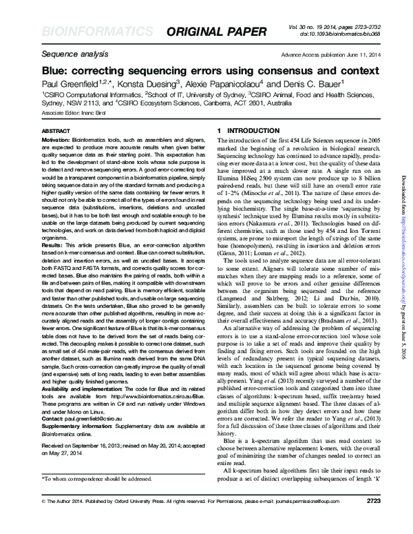 (PDF) Blue: correcting sequencing errors using consensus and context