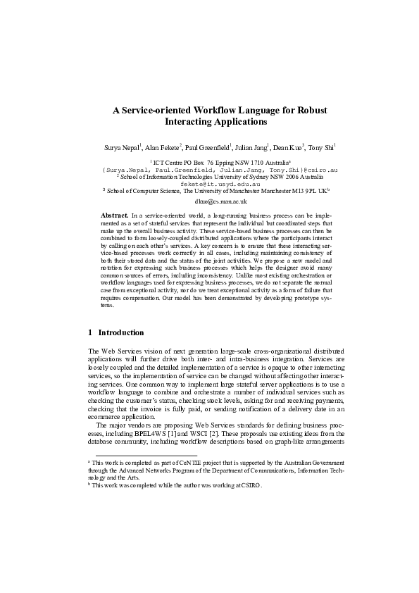 Pdf A Service Oriented Workflow Language For Robust Interacting Applications