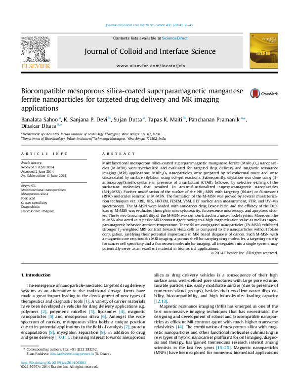 (PDF) Biocompatible mesoporous silica-coated superparamagnetic manganese ferrite nanoparticles ...