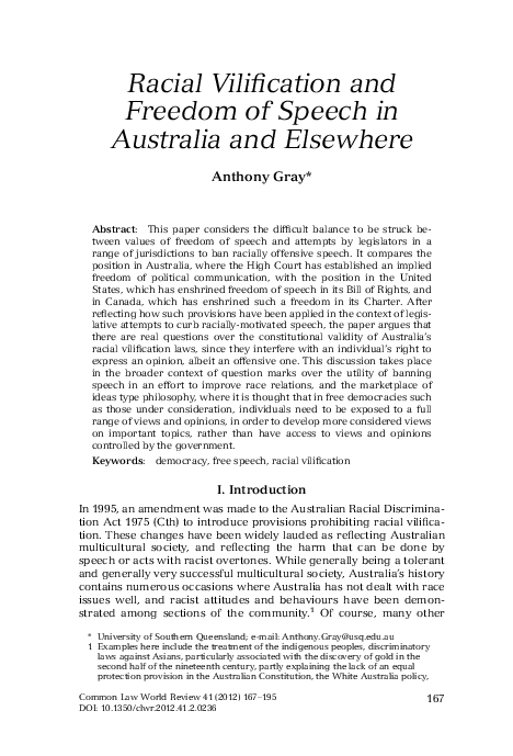 (PDF) Racial Vilification and Freedom of Speech in Australia and Elsewhere