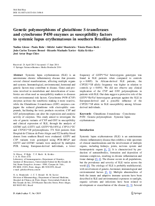 (PDF) Genetic polymorphisms of glutathione S-transferases and cytochrome P450 enzymes as ...
