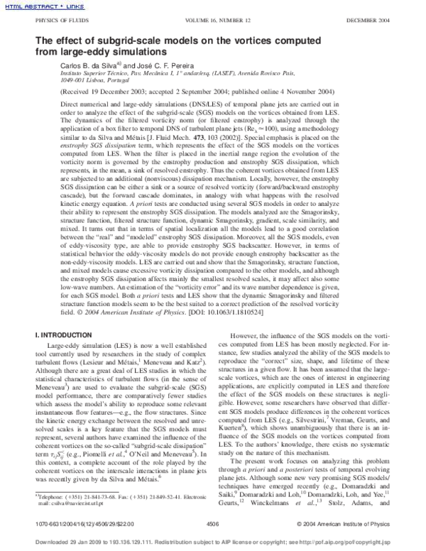 (PDF) The Effect of Subgrid-Scale Models on the Vortices Computed From Large-Eddy Simulations