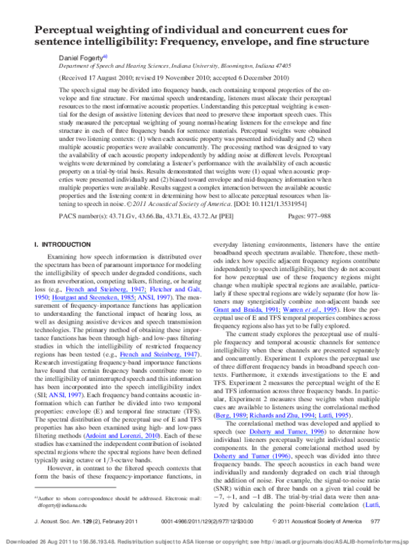 (PDF) Perceptual weighting of individual and concurrent cues for sentence intelligibility ...