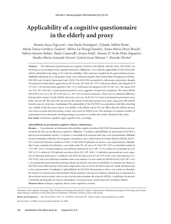 (PDF) Applicability of cognitive questionnaire in the elderly and proxy ...