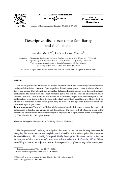 (PDF) Descriptive discourse: Topic familiarity and disfluencies