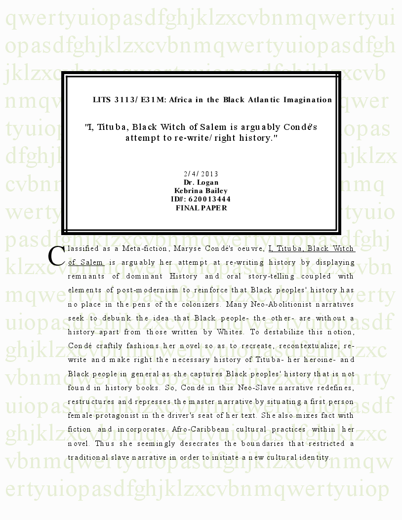(PDF) Re-Writing /Right History in I Tituba : Black witch of Salem