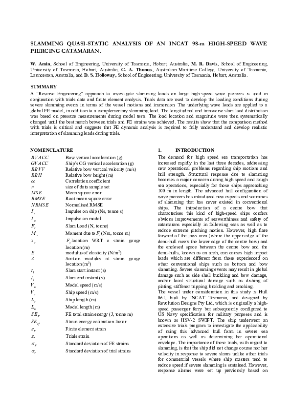 (PDF) Slamming Quasi-Static Analysis of an Incat 98m High-Speed Wave Piercing Catamaran