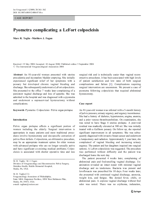 (PDF) Pyometra complicating a LeFort colpocleisis