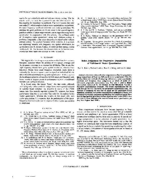 Pdf Index Assignment For Progressive Transmission Of Full Search Vector Quantization