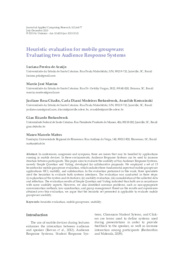 (PDF) Heuristic Evaluation for Mobile Groupware: Evaluating Two Audience Response Systems