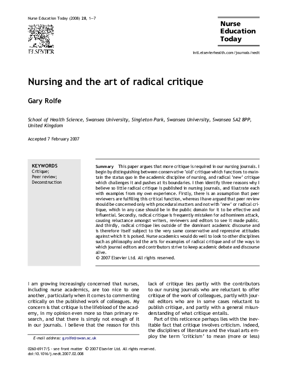 (PDF) Nursing and the art of radical critique