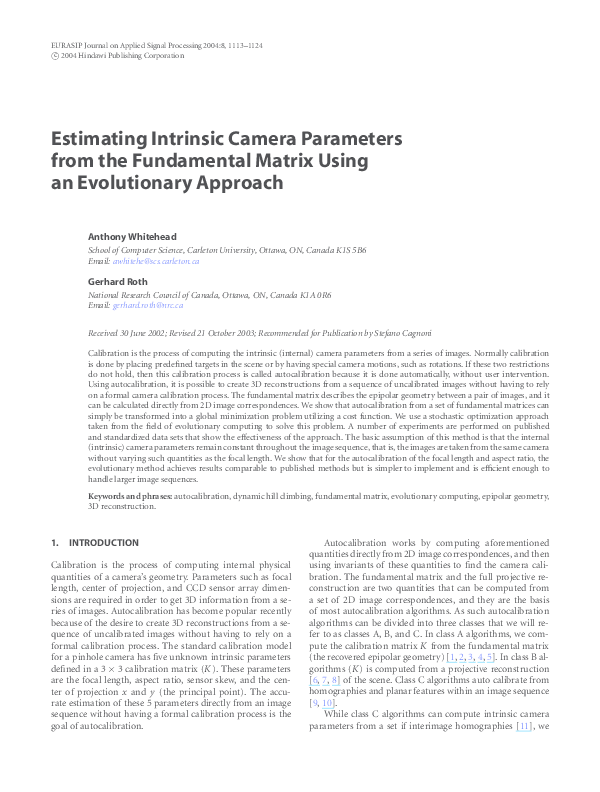 Pdf Estimating Intrinsic Camera Parameters From The Fundamental Matrix Using An Evolutionary