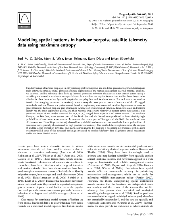 (PDF) Modelling spatial patterns in harbour porpoise satellite telemetry data using maximum entropy