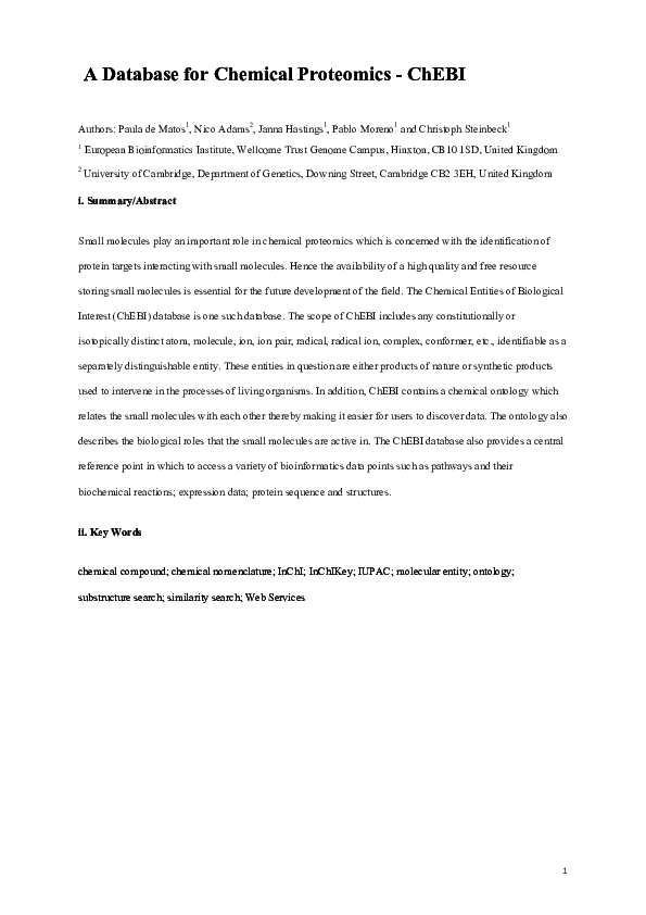(PDF) A Database for Chemical Proteomics: ChEBI