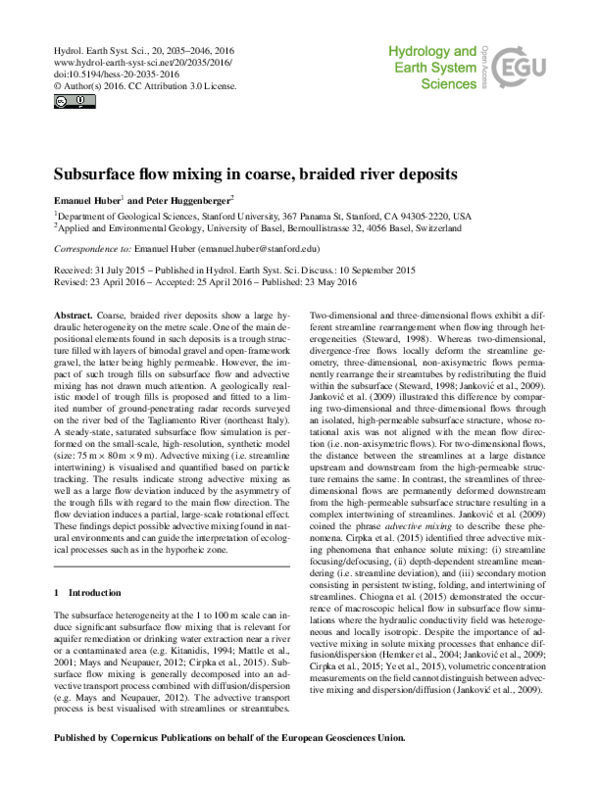 Subsurface flow mixing in coarse, braided river deposits