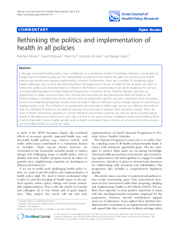 (PDF) Rethinking the politics and implementation of health in all policies