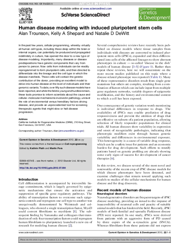 (PDF) Human disease modeling with induced pluripotent stem cells