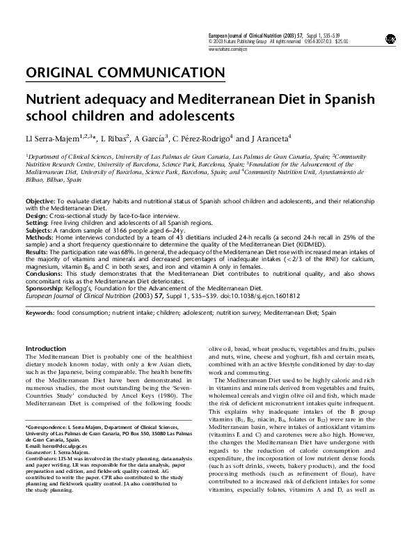 (PDF) Nutrient adequacy and Mediterranean Diet in Spanish school ...