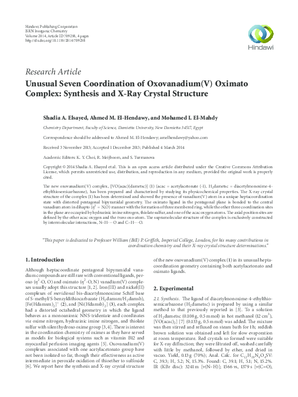 (PDF) Unusual Seven Coordination of Oxovanadium(V) Oximato Complex ...