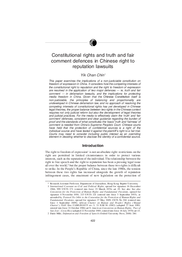 (PDF) Constitutional rights and truth and fair comment defences in ...