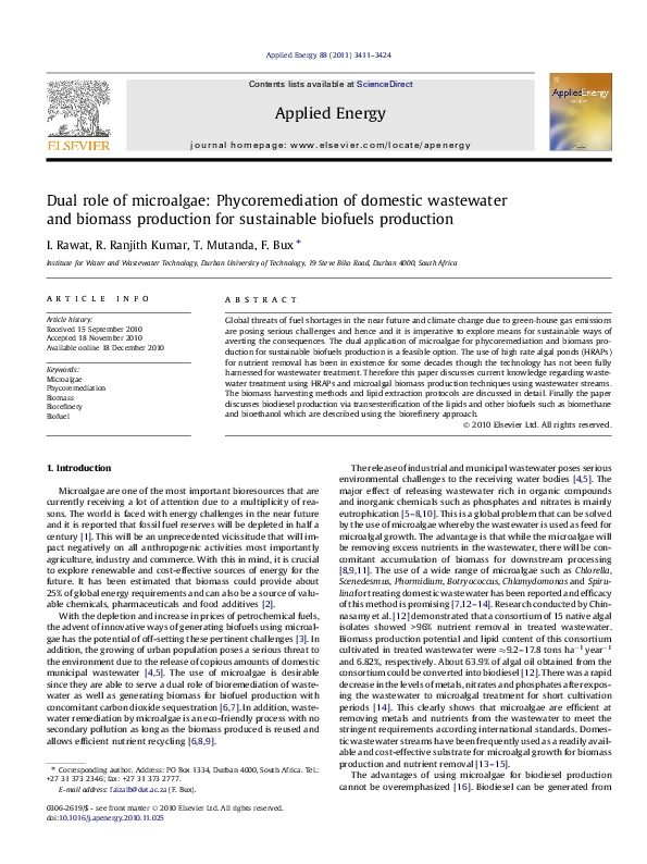 (PDF) Dual role of microalgae: Phycoremediation of domestic wastewater and biomass production ...