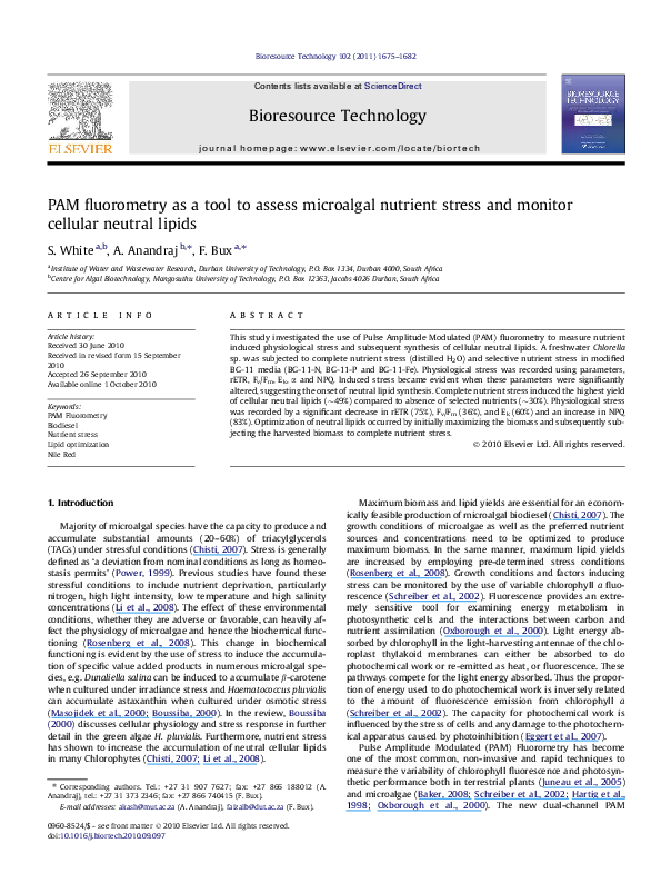 (PDF) PAM fluorometry as a tool to assess microalgal nutrient stress ...