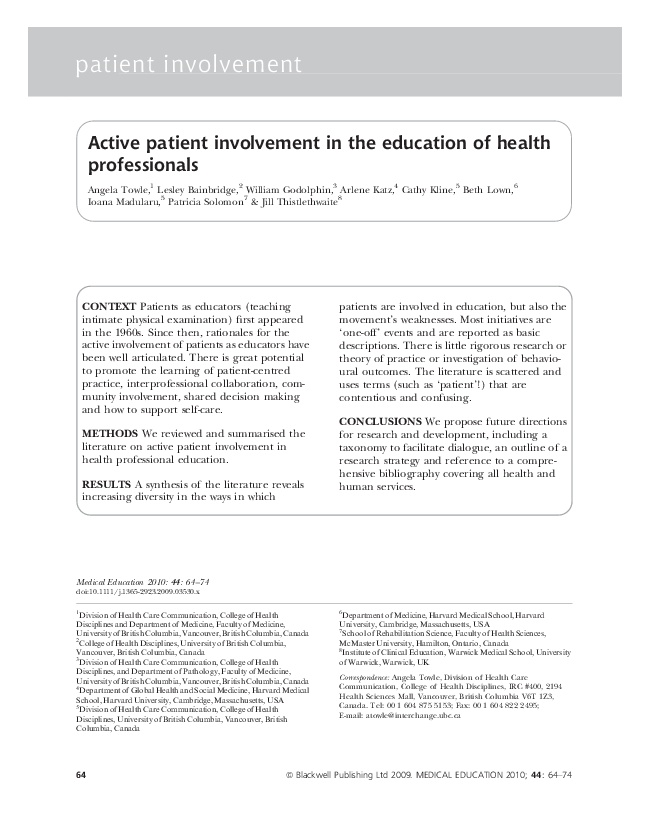 (PDF) Active patient involvement in the education of health professionals