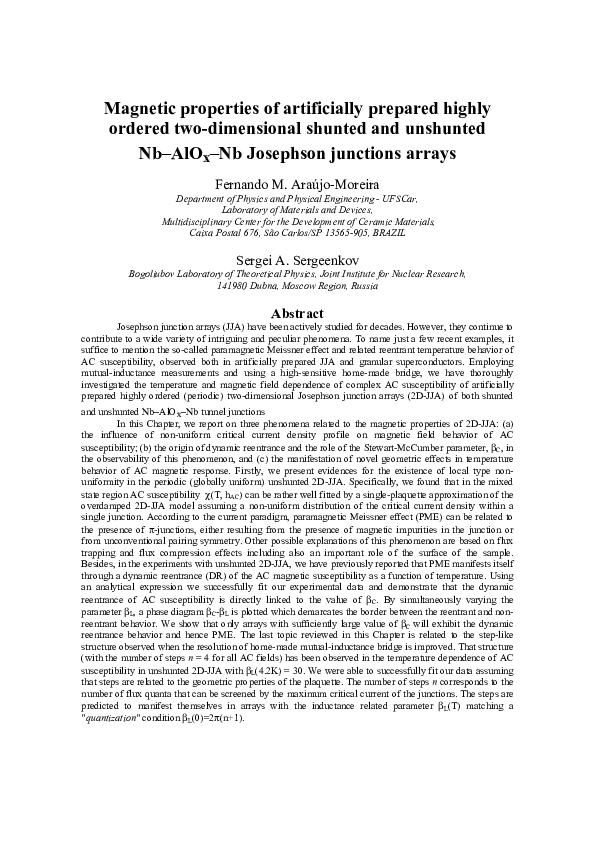 (PDF) MAGNETIC PROPERTIES OF ARTIFICIALLY PREPARED HIGHLY ORDERED TWO-DIMENSIONAL SHUNTED AND ...