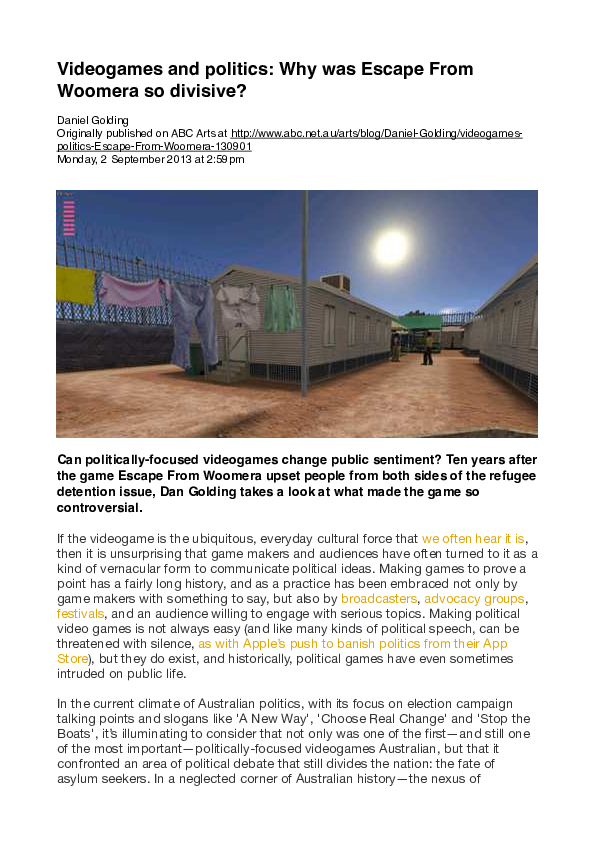 (PDF) Videogames and politics: Why was Escape From Woomera so divisive?