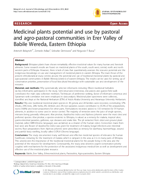 (PDF) Medicinal plants potential and use by pastoral and agro-pastoral ...