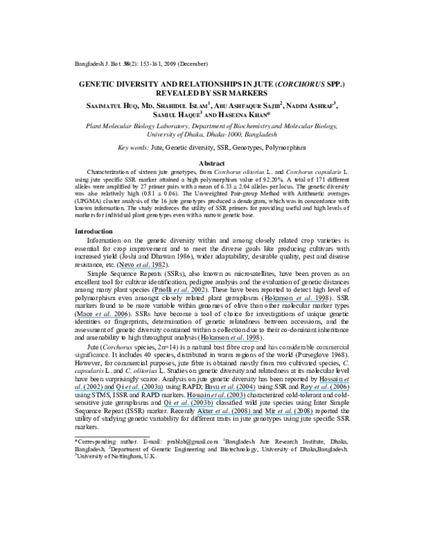 (PDF) GENETIC DIVERSITY AND RELATIONSHIPS IN JUTE (CORCHORUS SPP.) REVEALED BY SSR MARKERS ...