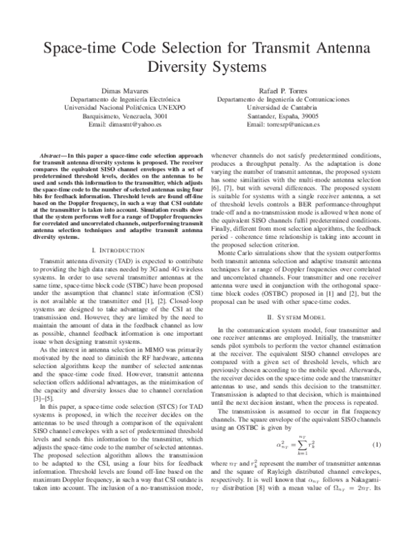 (PDF) Space-time Code Selection for Transmit Antenna Diversity Systems