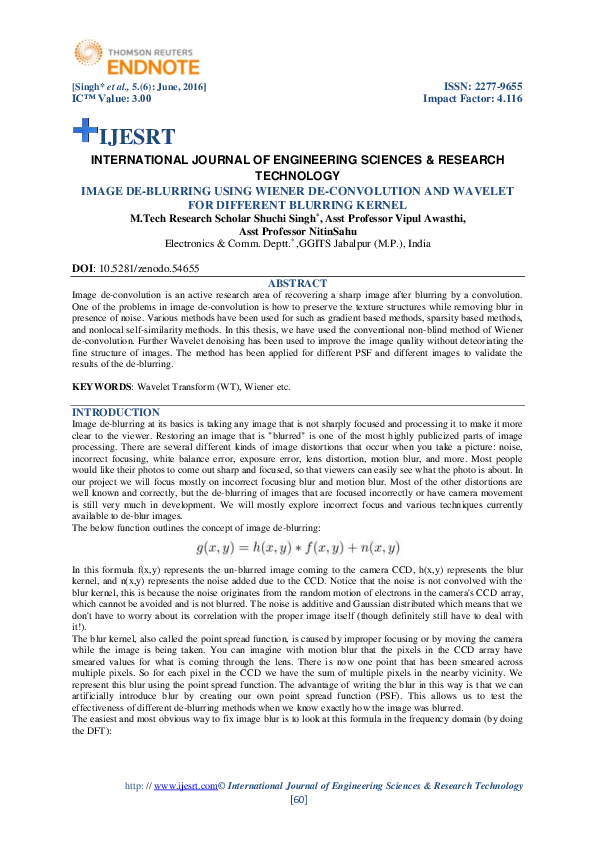 (PDF) IMAGE DE-BLURRING USING WIENER DE-CONVOLUTION AND WAVELET FOR ...