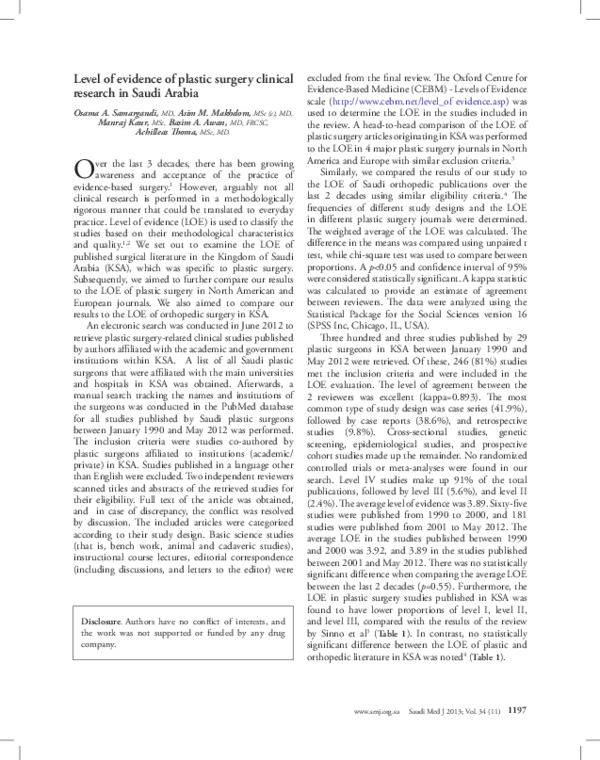 (PDF) Level of evidence of plastic surgery clinical research in Saudi ...