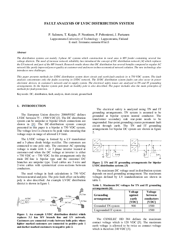 Pdf Fault Analysis Of Lvdc Distribution System Pasi Peltoniemi