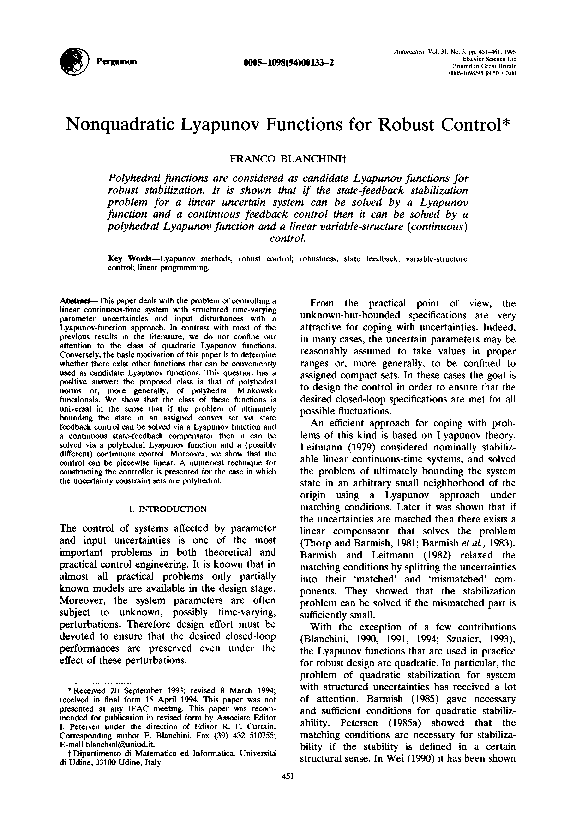 Pdf Nonquadratic Lyapunov Functions For Robust Control