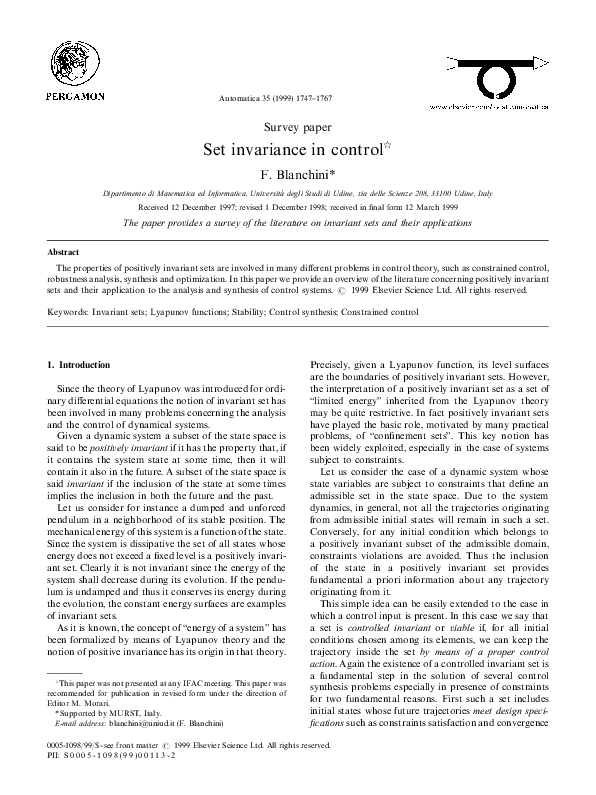 (PDF) Set invariance in control