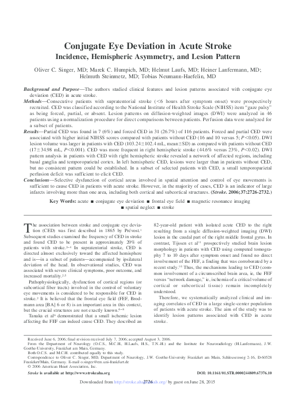 (PDF) Conjugate Eye Deviation in Acute Stroke: Incidence, Hemispheric ...