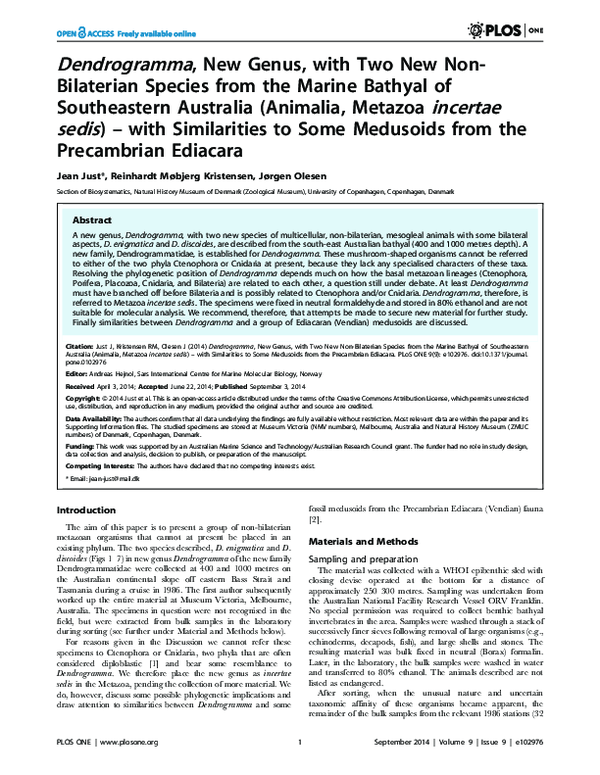 (PDF) Dendrogramma, New Genus, with Two New Non-Bilaterian Species from ...