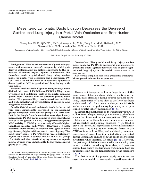 (PDF) Mesenteric lymphatic ducts ligation decreases the degree of gut ...