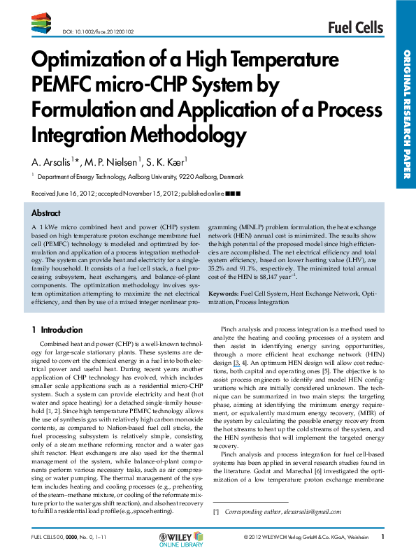 Pdf Optimization Of A High Temperature Pemfc Micro‐chp System By Formulation And Application