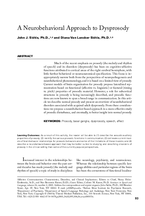 (PDF) A Neurobehavioral Approach to Dysprosody