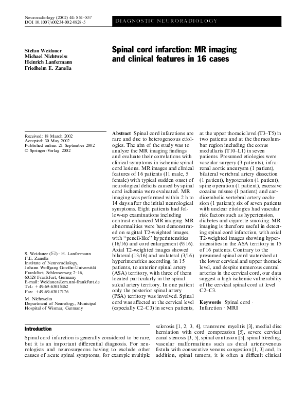 (PDF) Spinal cord infarction: MR imaging and clinical features in 16 cases