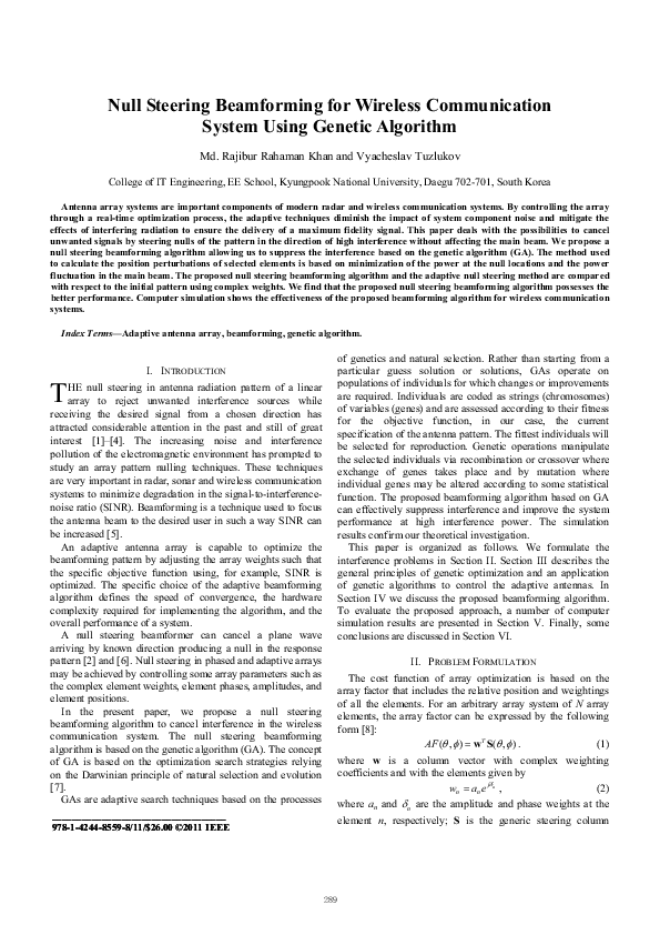 (PDF) Null Steering Beamforming for Wireless Communication System Using Genetic Algorithm