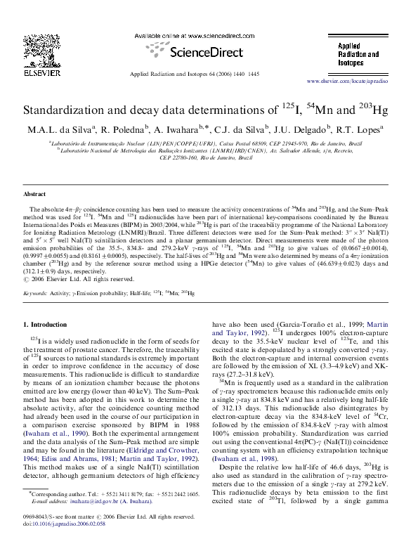 (PDF) Standardization and decay data determinations of 125I, 54Mn and 203Hg